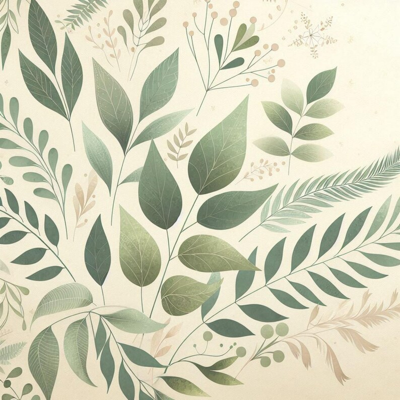 Elegant Green Leaves Digital Printable Set of 5 Scrapbook Paper. Wall ...