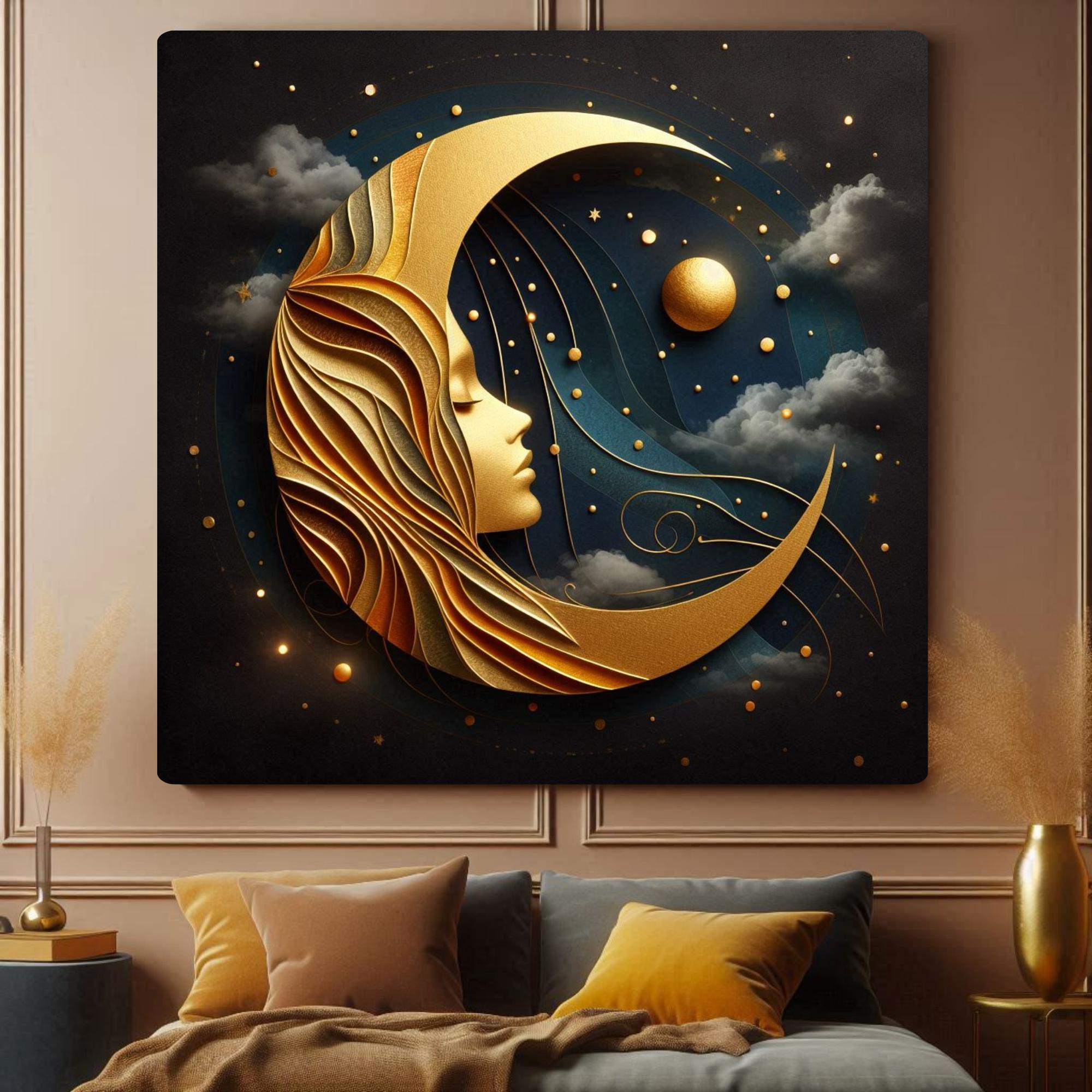 Golden Crescent Moon Collage Decor, Digital Collage Moon Wall Art ...