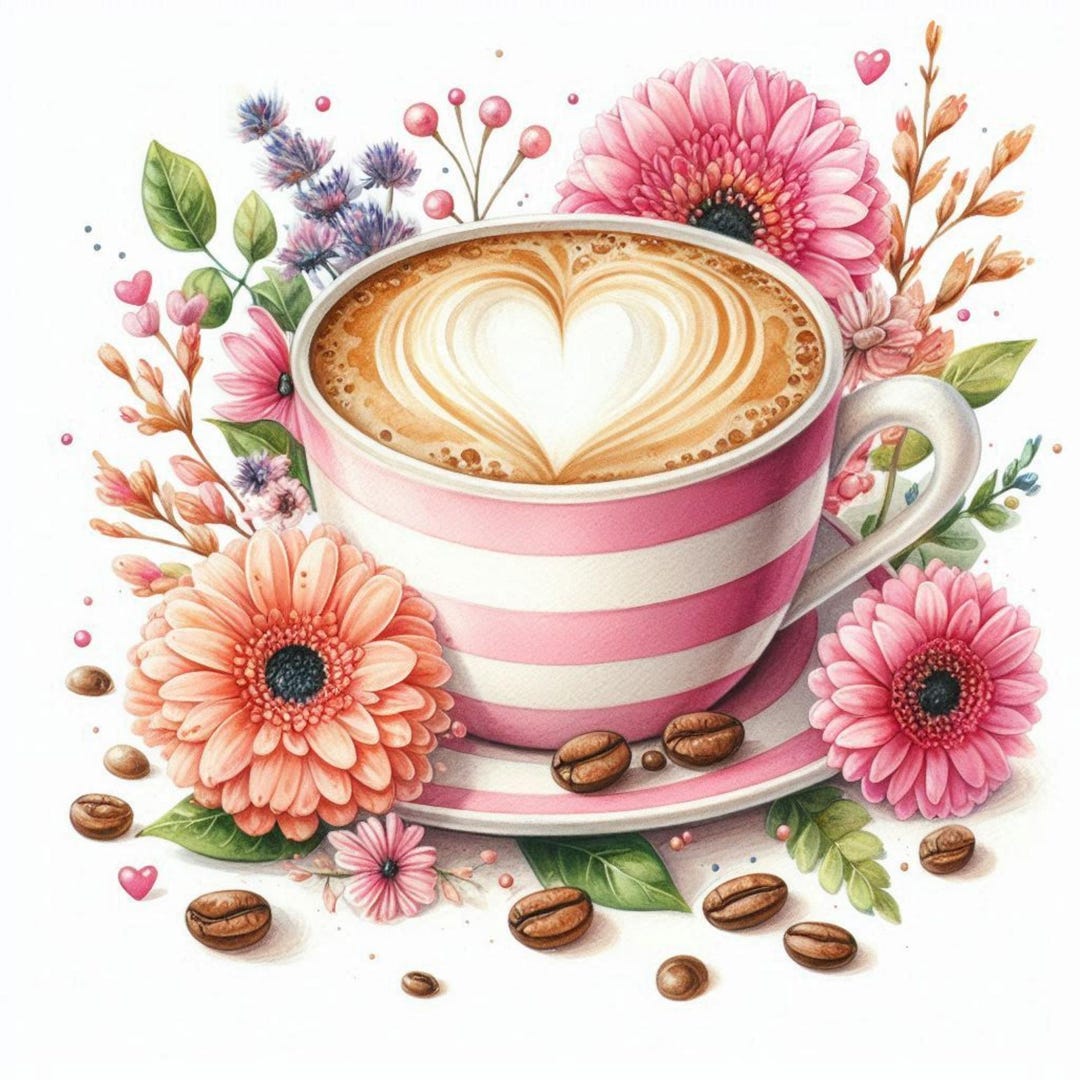 Pink Striped Coffee Cup Digital Print, Downloadable Kitchen Wall Art ...