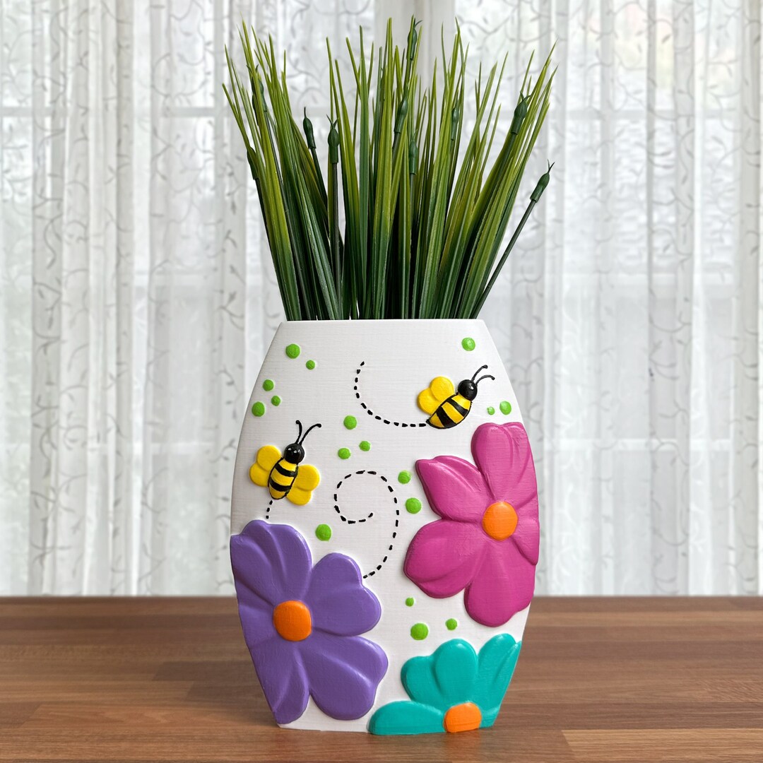 Honey Bee Flower Vase, Hand Painted, 3D Printed, Colorful Embossed Floral Vase, Cute Modern ...
