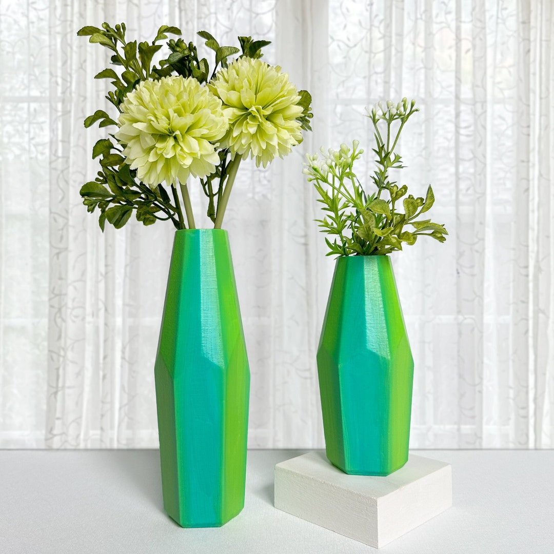 Blue-green Vase Set, Hand Painted & 3D Printed, Modern, Geometric, Faceted Hexagonal Vases, for ...