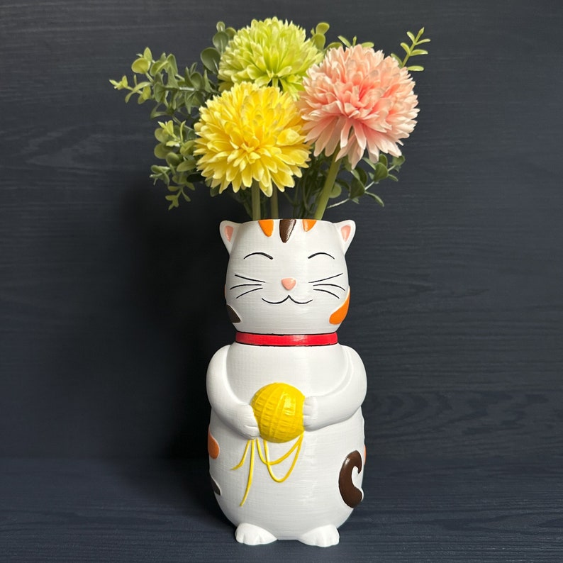 Cute Hand Painted Cat Vase for Dry Flowers, Unique 3D Printed Cat Lovers Gift, Playful Kitty ...