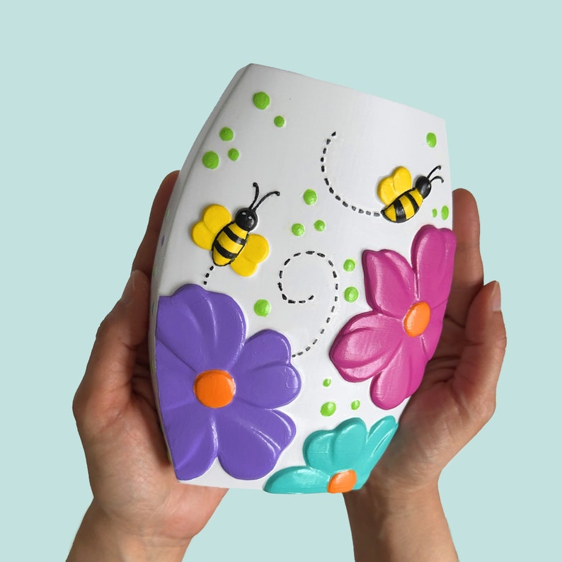 Honey Bee Flower Vase, Hand Painted, 3D Printed, Colorful Embossed Floral Vase, Cute Modern ...