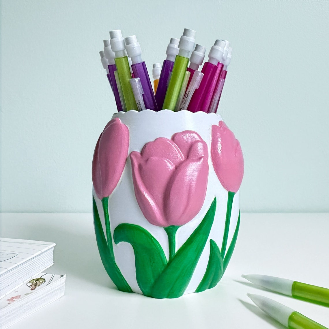 Pink Tulip Pen/pencil Holder, 3D Printed & Hand Painted, Floral Office ...