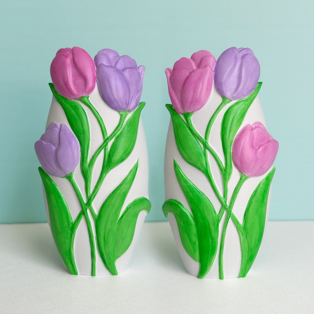 Hand Painted Pink and Purple Tulip Vase, Colorful 3D Printed Raised Flower Vase, for Dry Flowers ...