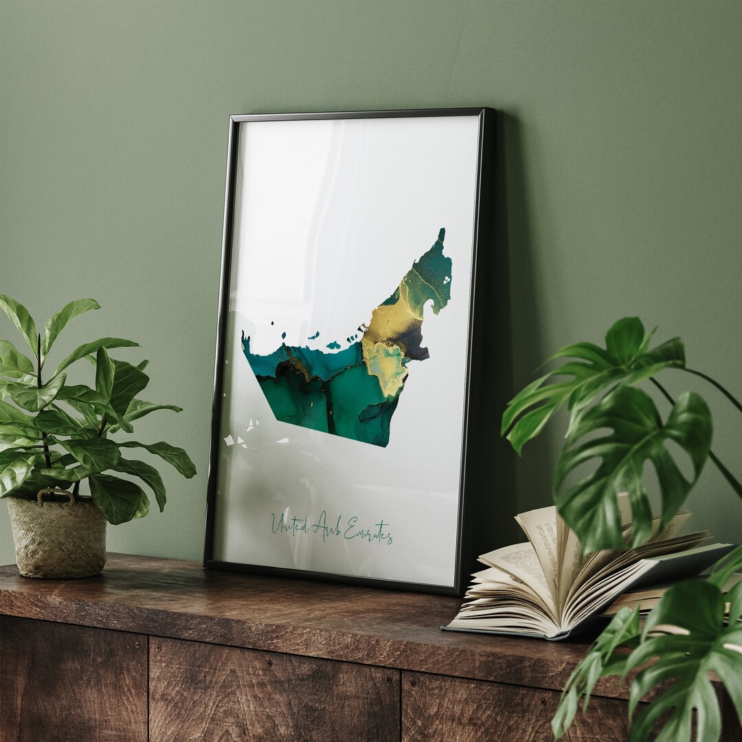 United Arab Emirates Map Shades of Green and Gold Watercolour - Etsy Israel