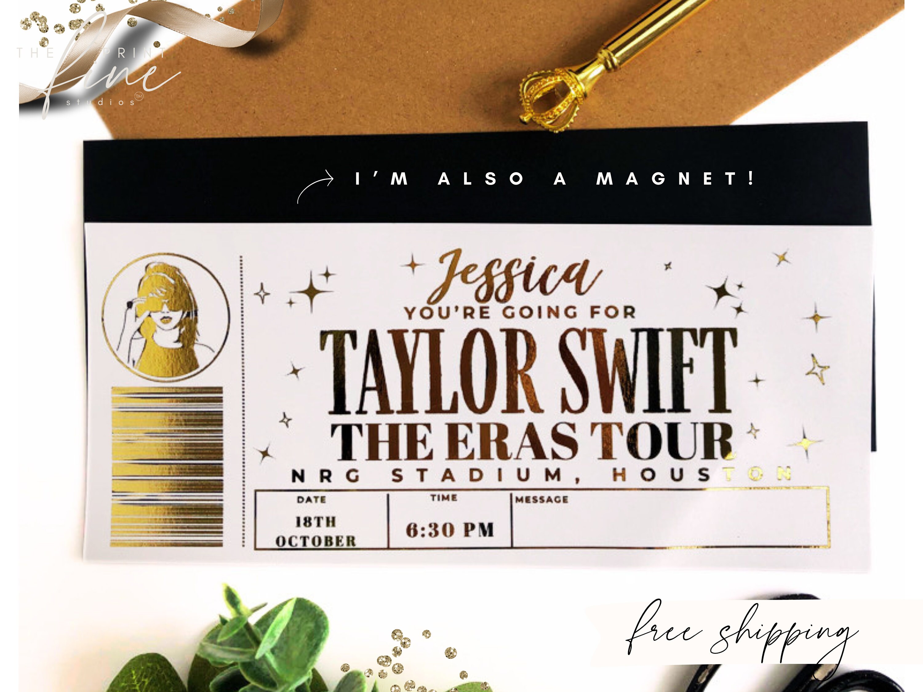 Physical Personalized Gold Foil Concert Ticket With Magnet, Anniversary ...