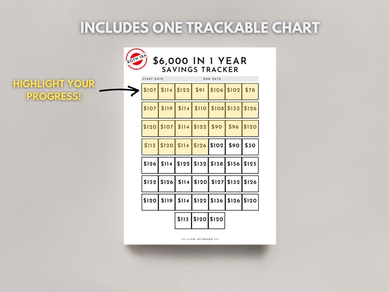 6,000 in 1 Year | 52-week Savings Plan | Roth IRA Savings Journal ...