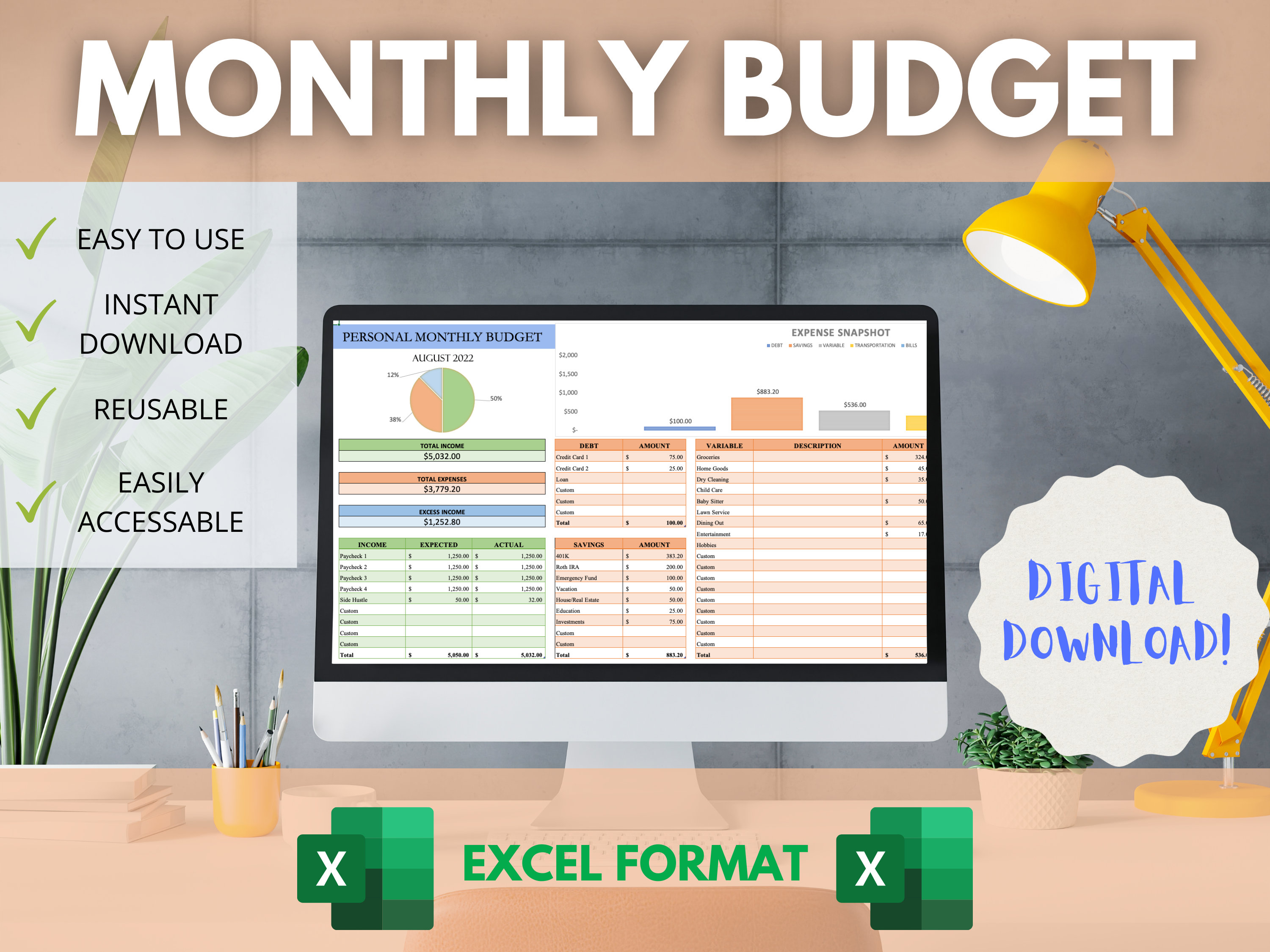 Monthly Budget Tracker: Simple Excel Budget Template for 30-day ...