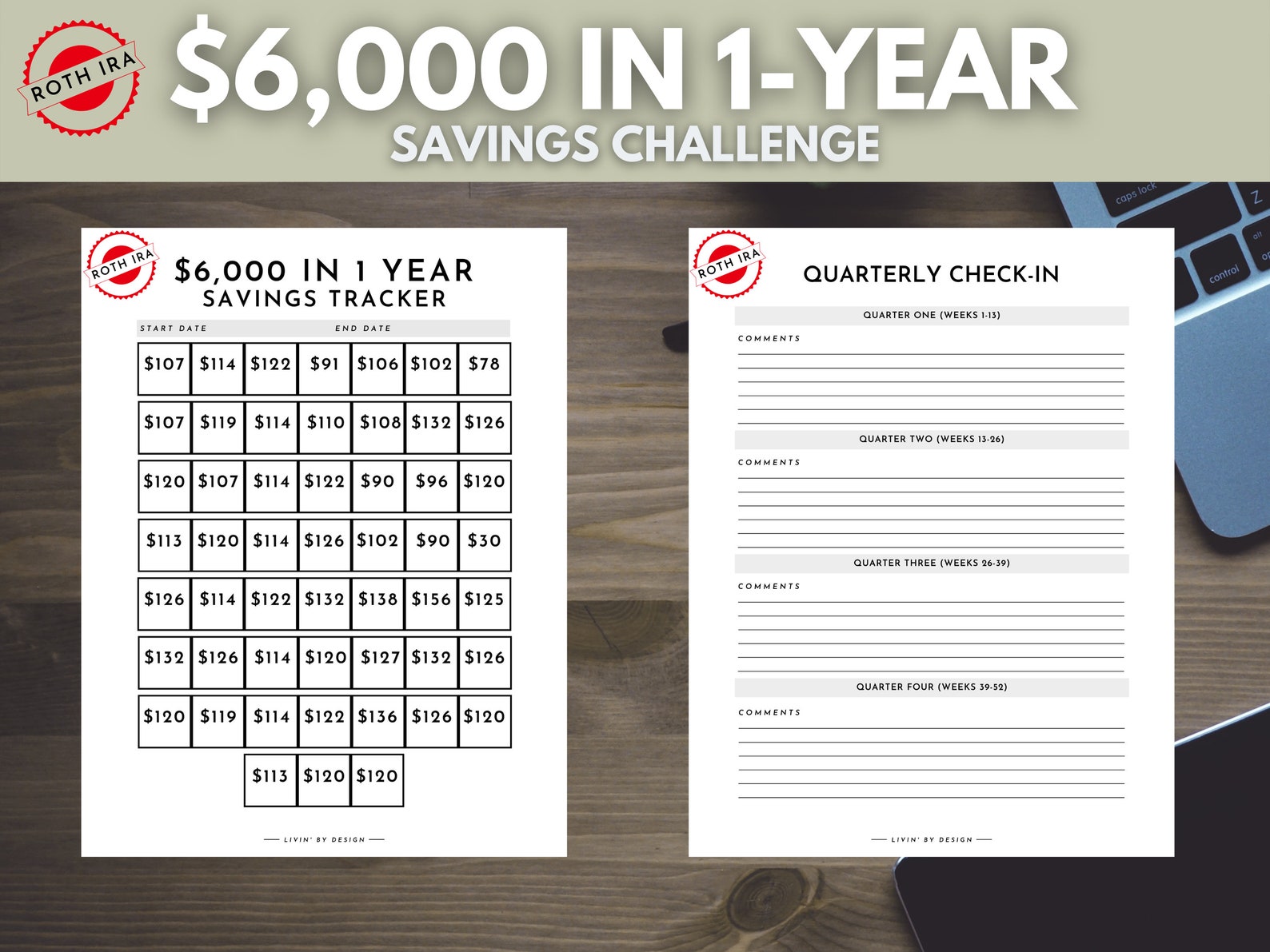 6,000 in 1 Year | 52-week Savings Plan | Roth IRA Savings Journal ...