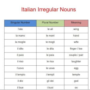 Italian Irregular Nouns Chart | Italian Grammar Classroom Poster ...