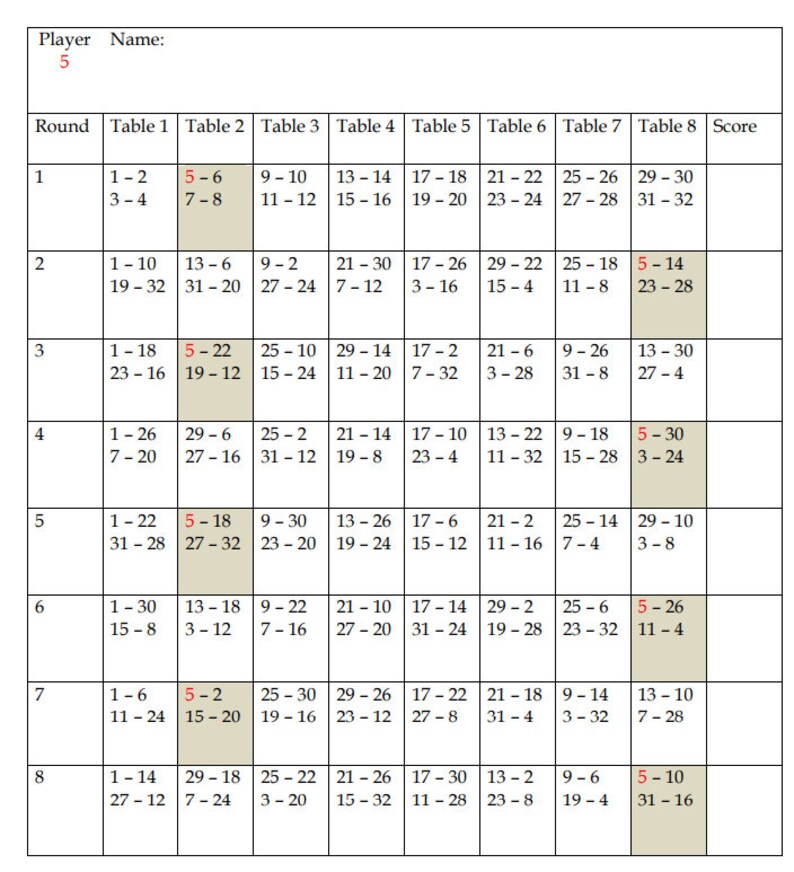 8 Tables Progressive Bridge Tally | 32 Players Bridge Tally | Bridge Scorepad Printable ...