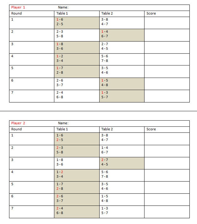 8 Players Bridge Tallies - 2 Tables Progressive Bridge - Bridge Tallies ...