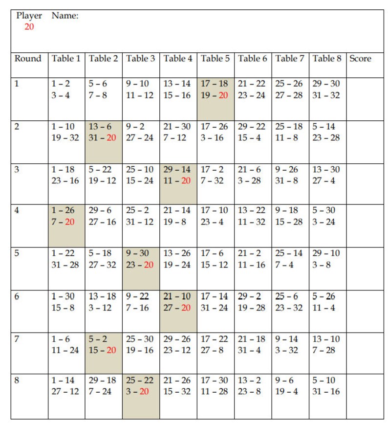 8 Tables Progressive Bridge Tally | 32 Players Bridge Tally | Bridge ...