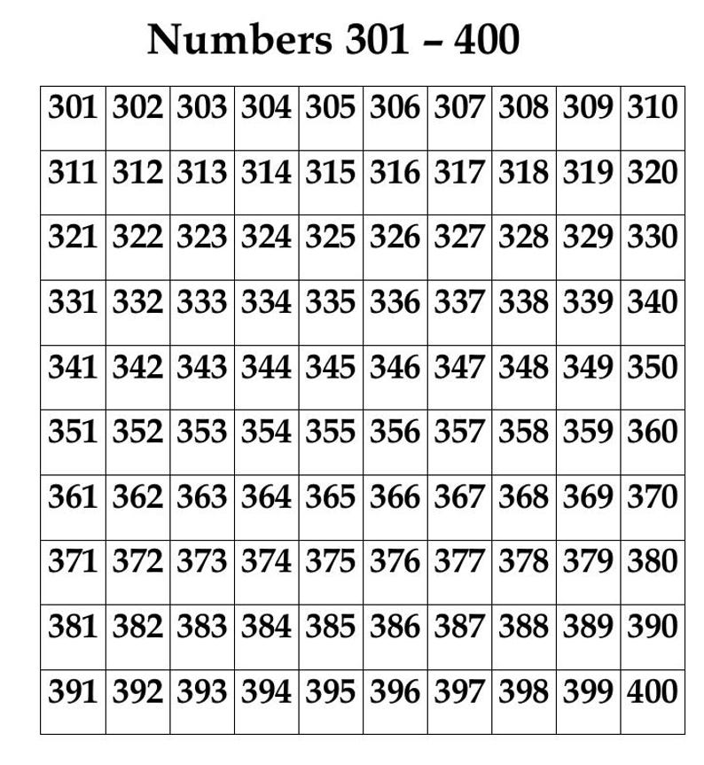 Numbers 301 - 400 Chart | Numbers and Counting | Instant Download - Etsy