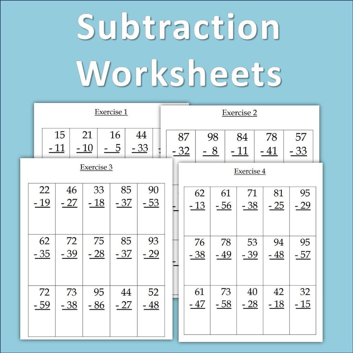 Subtraction Worksheets 100 Two-digit Subtractions With Answers Instant ...