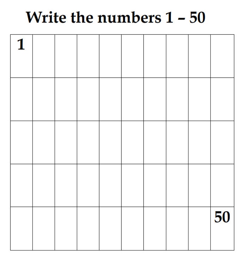 Numbers 1 - 50 Chart | Numbers and Counting | Instant Download - Etsy