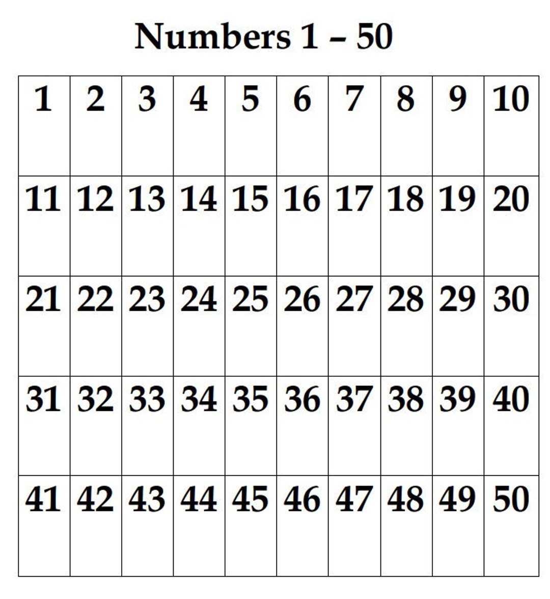Numbers 1 - 50 Chart | Numbers and Counting | Instant Download - Etsy