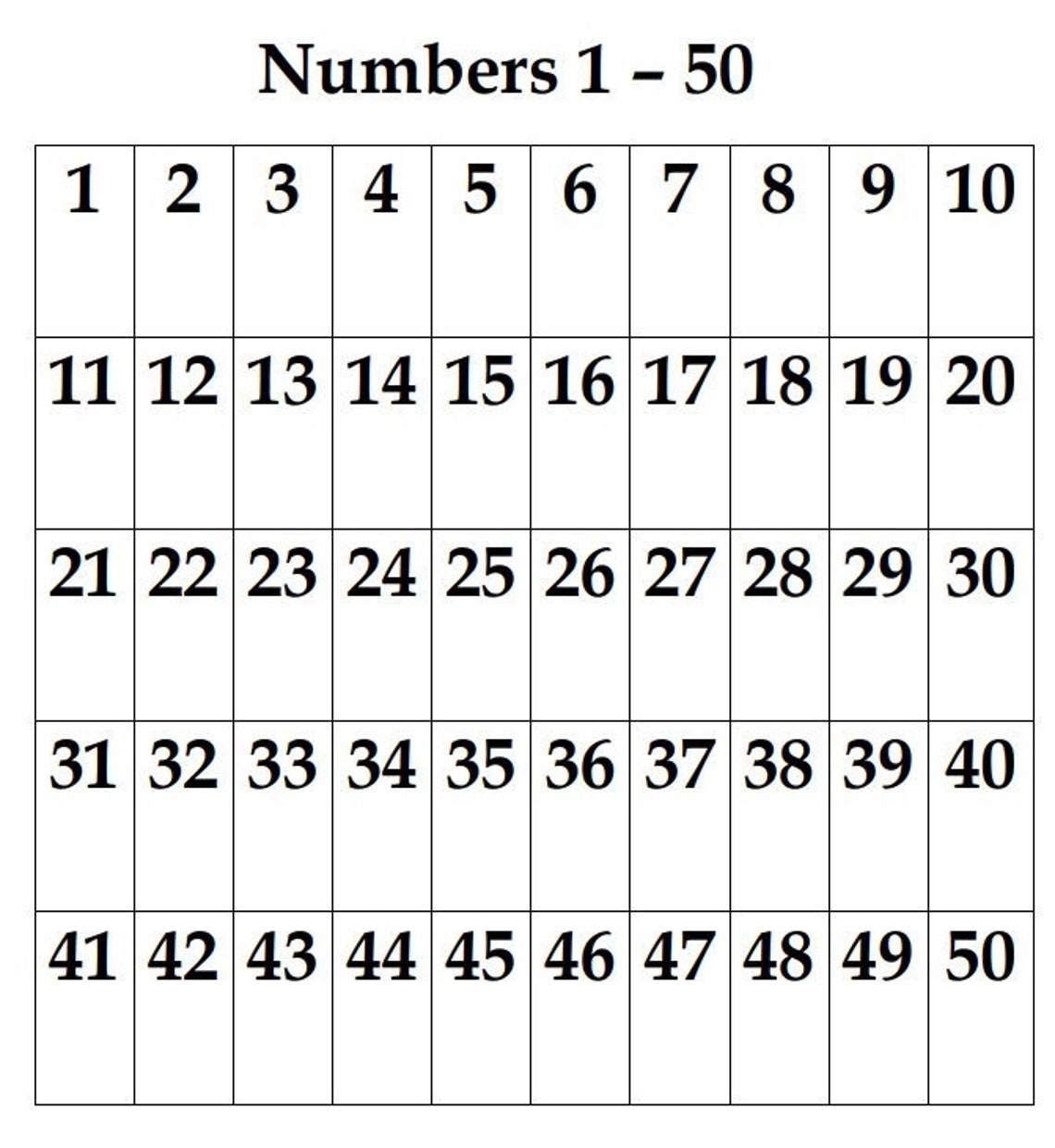 Numbers 1 - 50 Chart | Numbers and Counting | Instant Download - Etsy