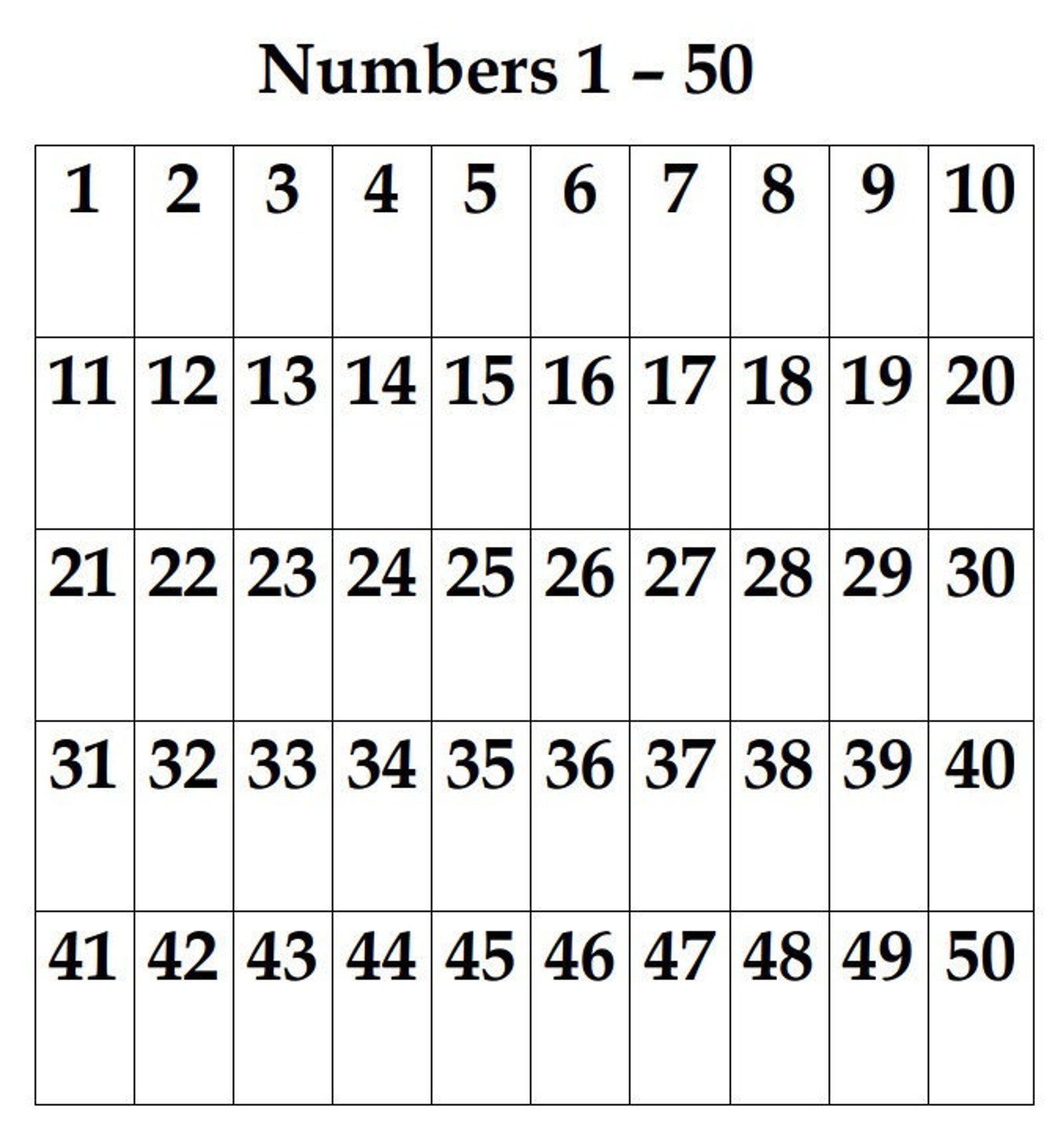 Numbers 1 - 50 Chart | Numbers and Counting | Instant Download - Etsy
