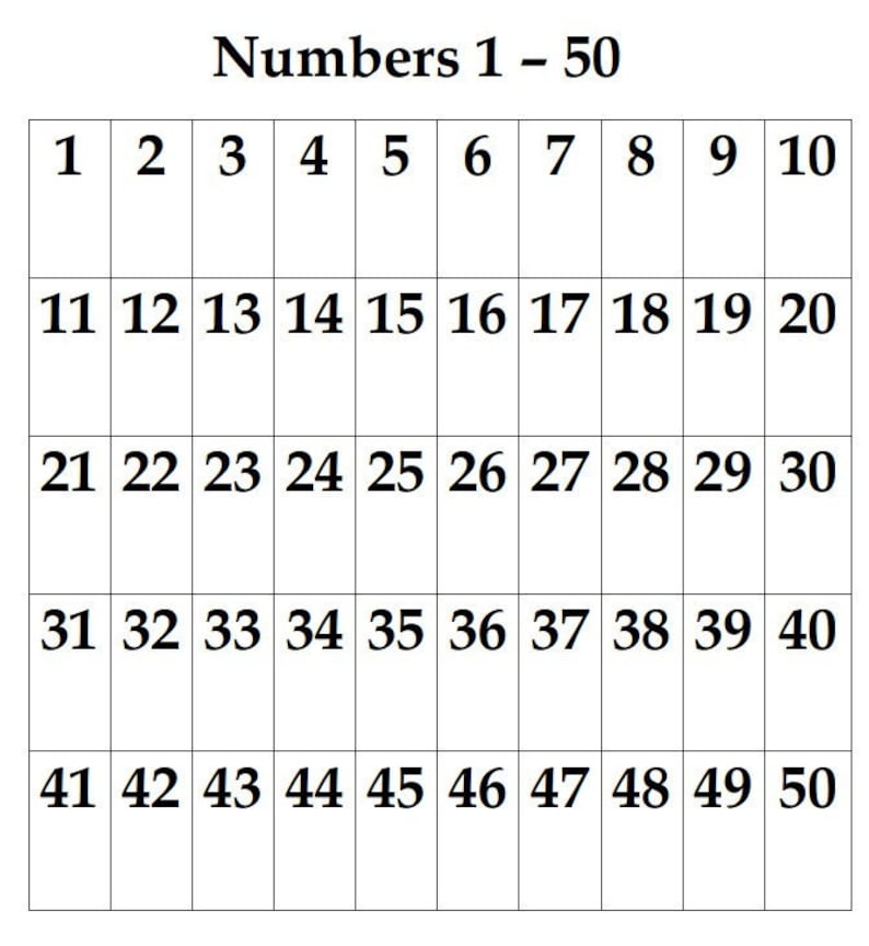 Numbers 1 - 50 Chart | Numbers and Counting | Instant Download - Etsy