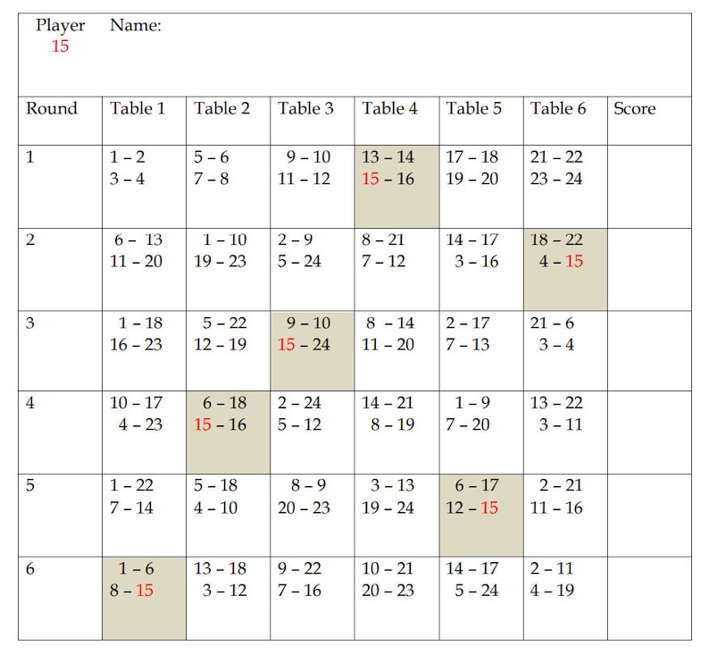 6 Tables Progressive Bridge Tally 24 Players Bridge Tally Bridge ...