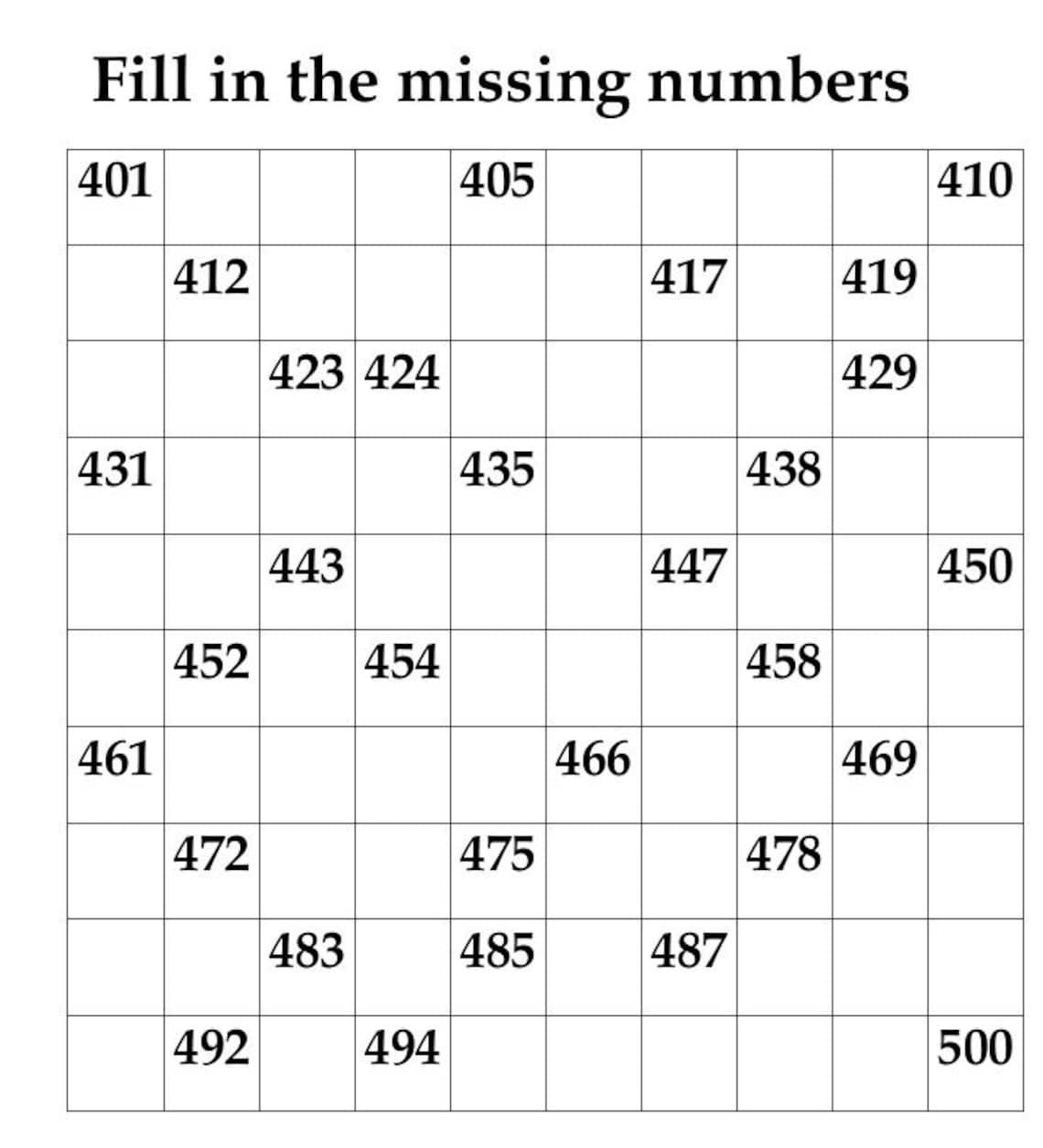 Numbers 401 - 500 Chart | Numbers and Counting | Instant Download - Etsy