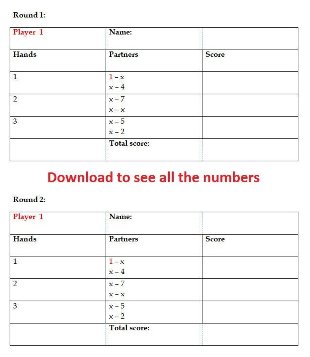 Bridge Tally for 7 Players | Bridge Scorepad | Instant Download - Etsy