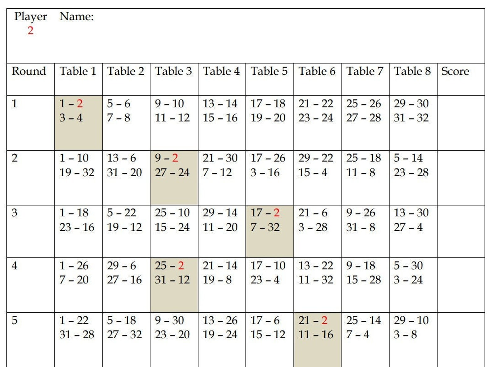 8 Tables Progressive Bridge Tally 32 Players Bridge Tally Bridge ...
