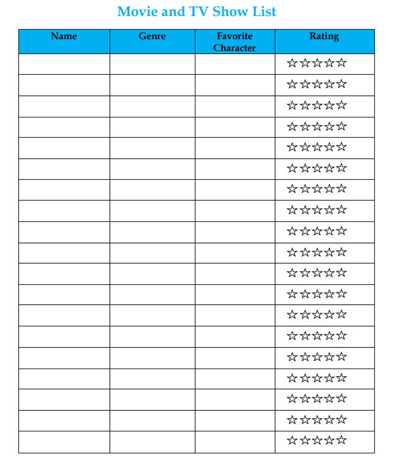 Movie/tv Show List | Movie Log | Movie / TV Show Tracker Printable ...