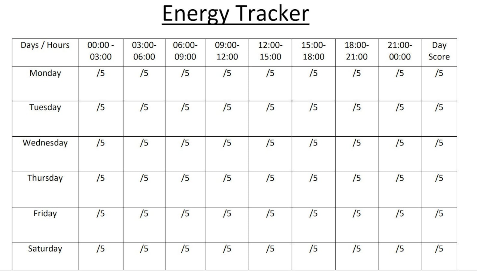 Weekly Energy Level Tracker: Printable Chart (instant Download) - Etsy