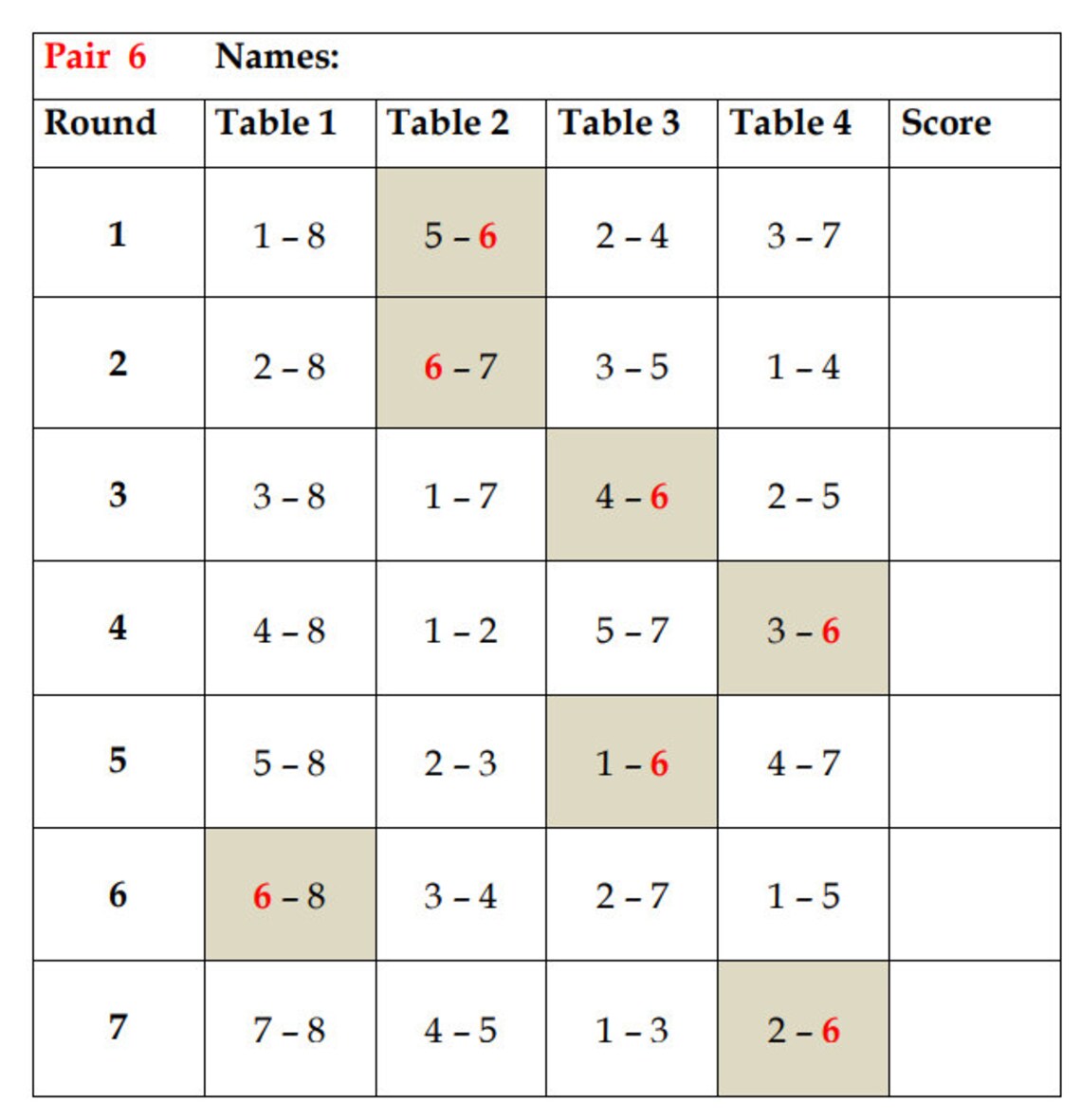 8 Pairs Bridge Tally | 4 Tables Progressive Bridge Tally | Bridge ...