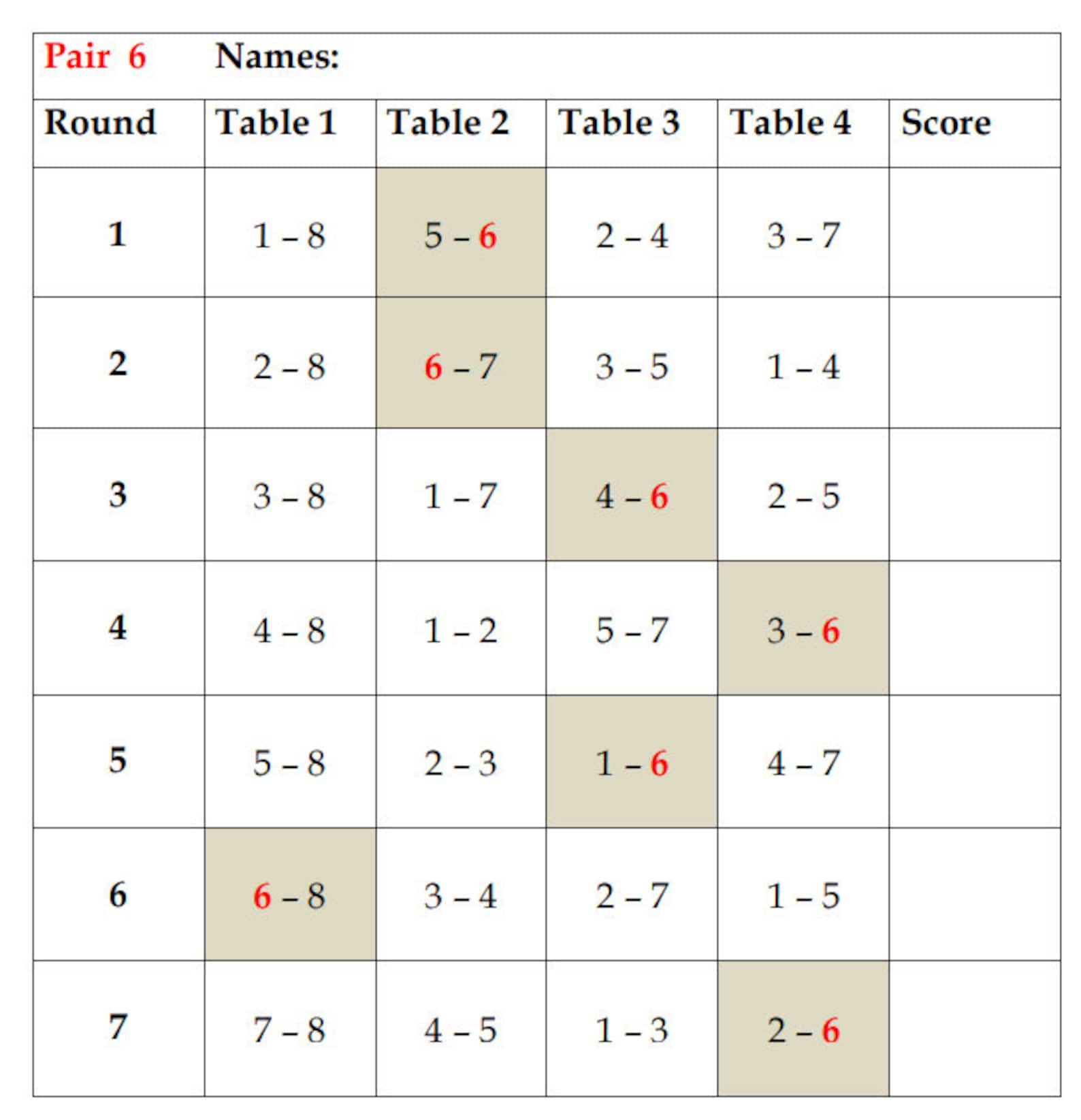 8 Pairs Bridge Tally | 4 Tables Progressive Bridge Tally | Bridge ...