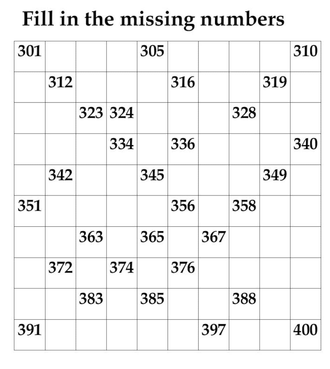 Numbers 301 - 400 Chart | Numbers and Counting | Instant Download - Etsy