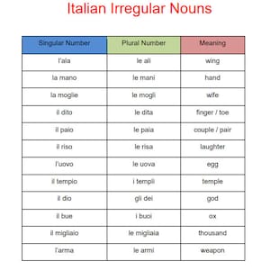 Italian Irregular Nouns Chart | Italian Grammar Classroom Poster ...