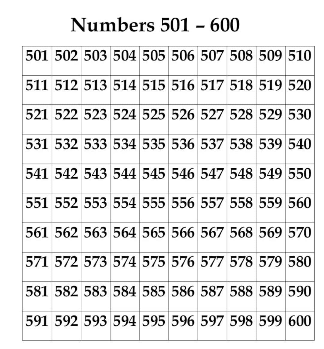 Numbers 501 - 600 Chart | Numbers and Counting | Instant Download - Etsy