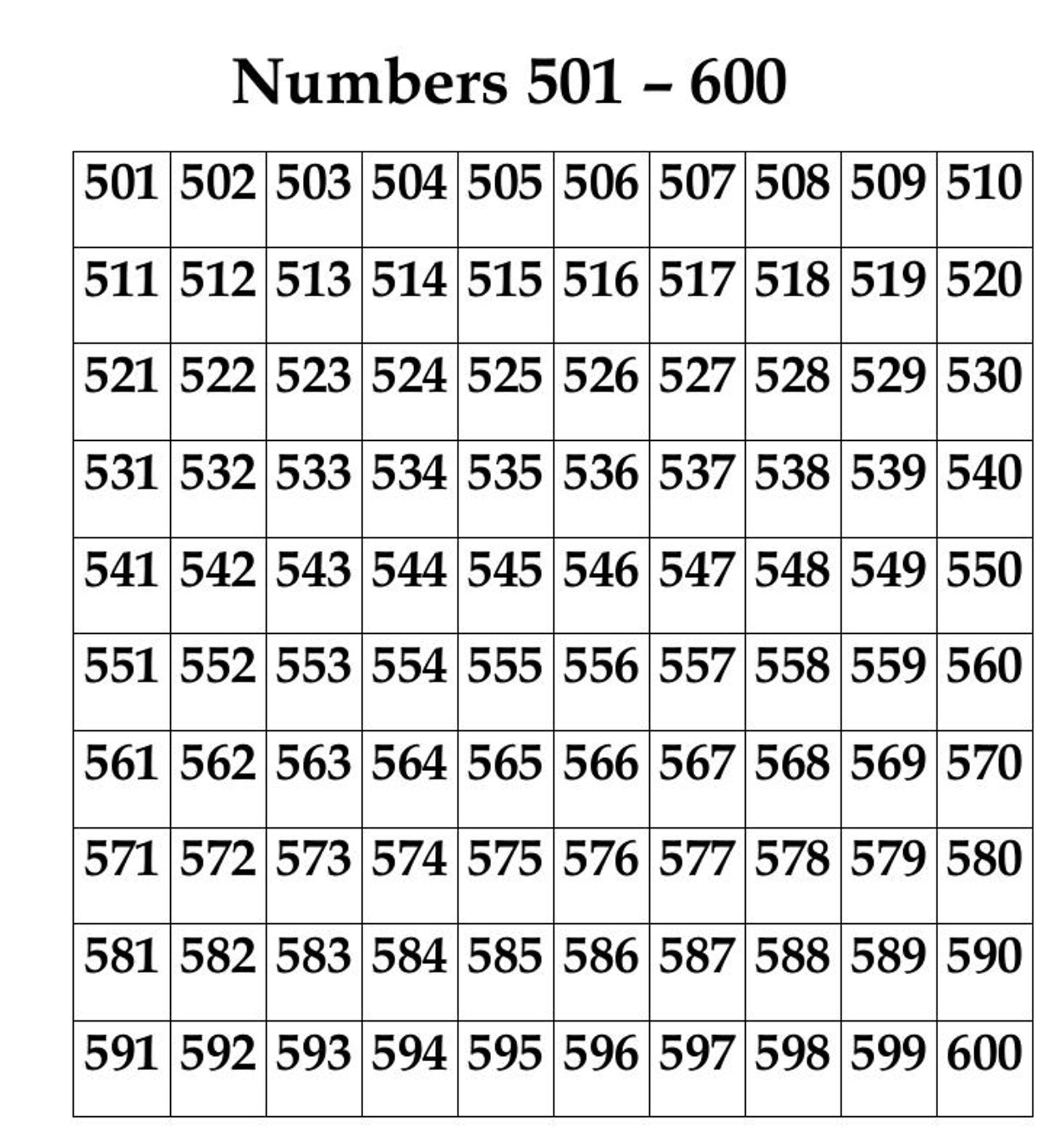 Numbers 501 - 600 Chart | Numbers and Counting | Instant Download - Etsy
