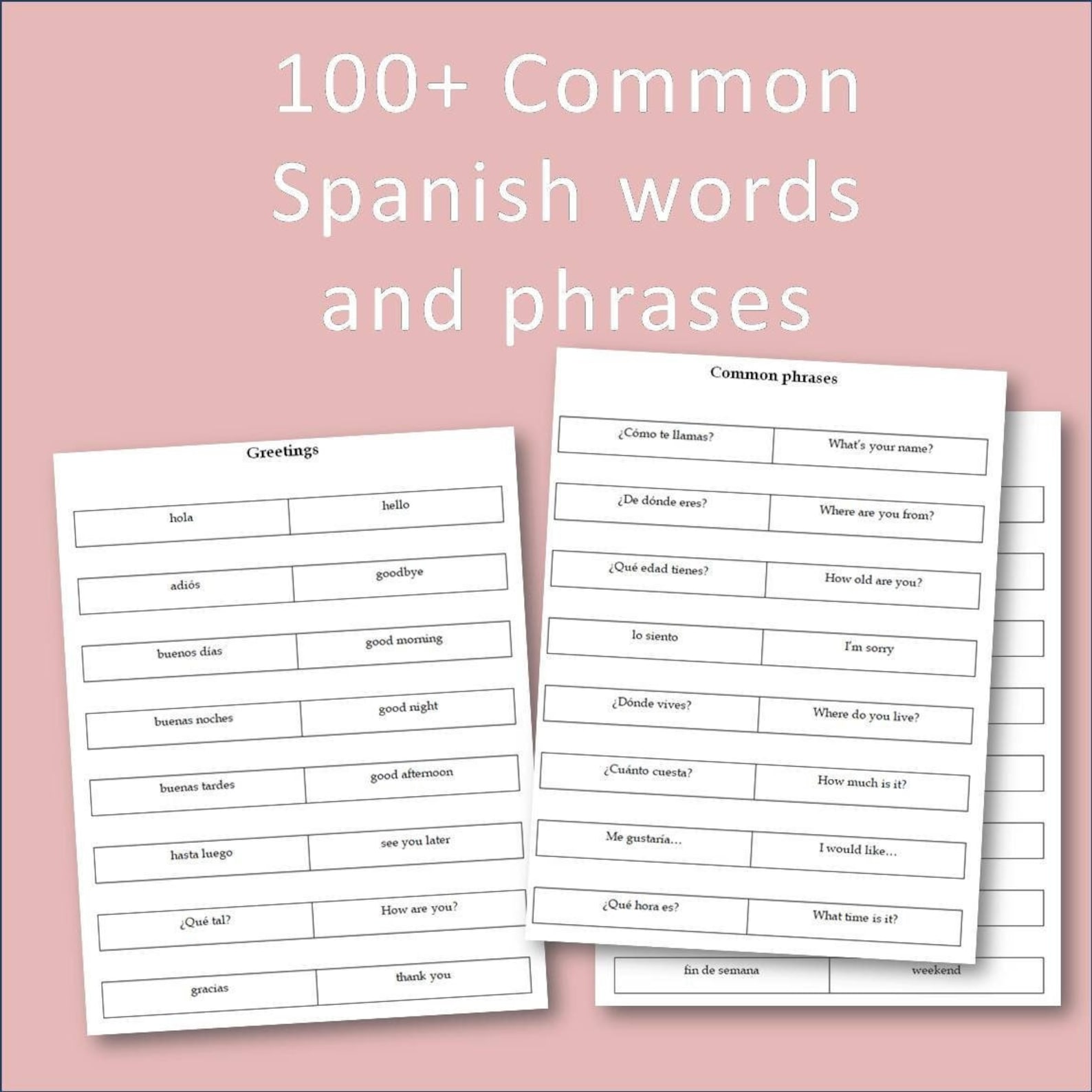 100+ Common Spanish Words and Phrases, Spanish Flashcards Printable ...
