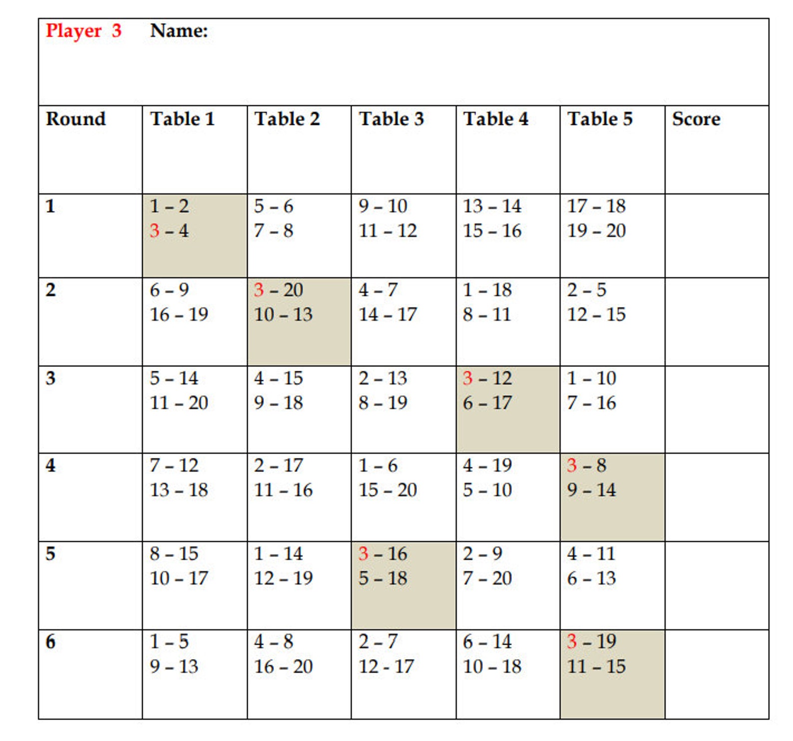 Progressive Bridge Tally Scorepad: 5 Tables, 20 Players (PDF Download ...