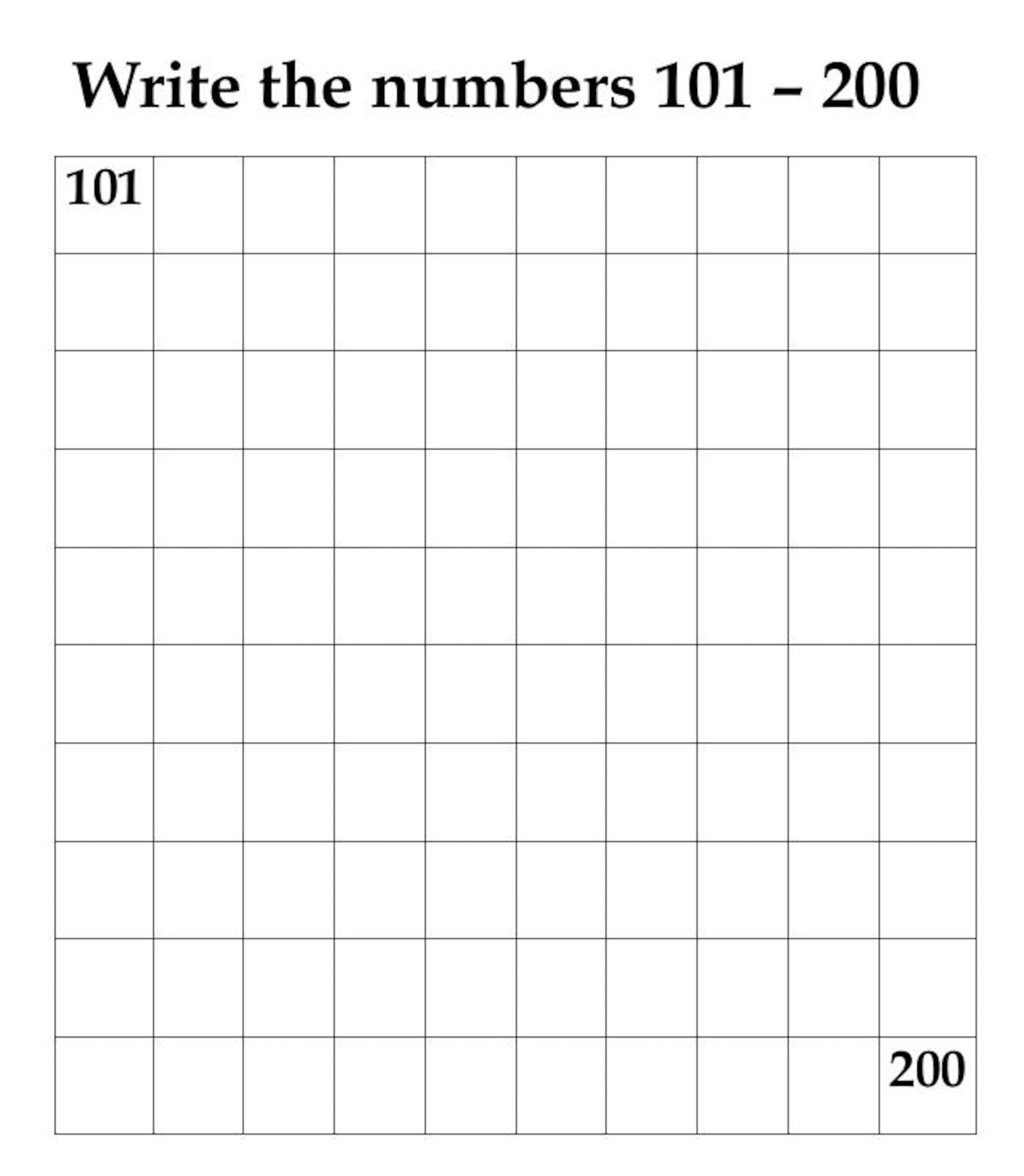 Numbers 101 - 200 Chart | Numbers and Counting | Instant Download - Etsy