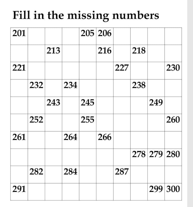 Numbers 201 - 300 Chart | Numbers and Counting | Instant Download - Etsy