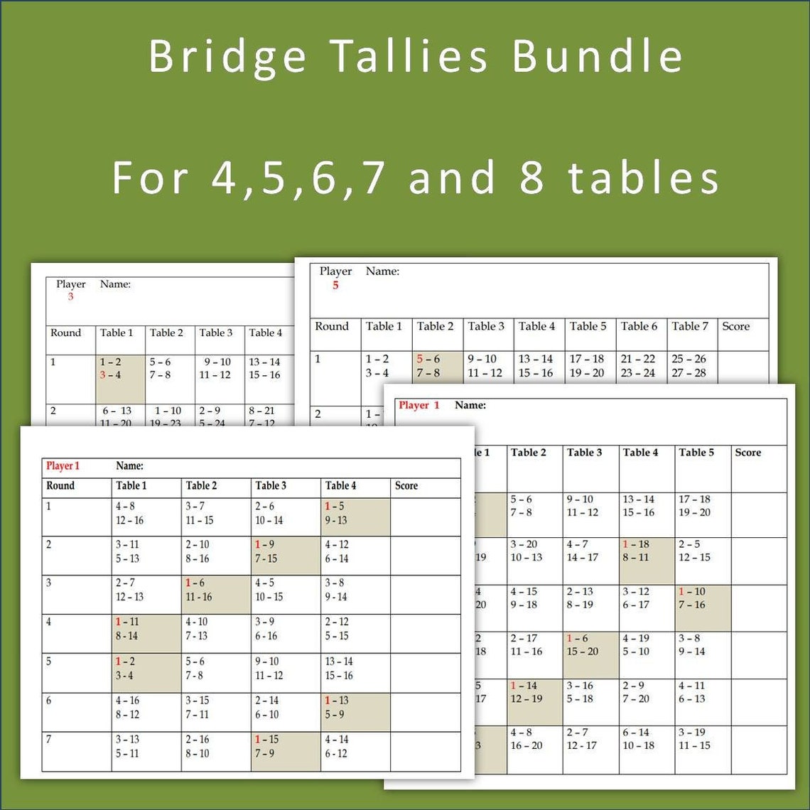 Progressive Bridge Tallies Bundle | 4,5,6,7 and 8 Tables | 16,20,24,28 ...