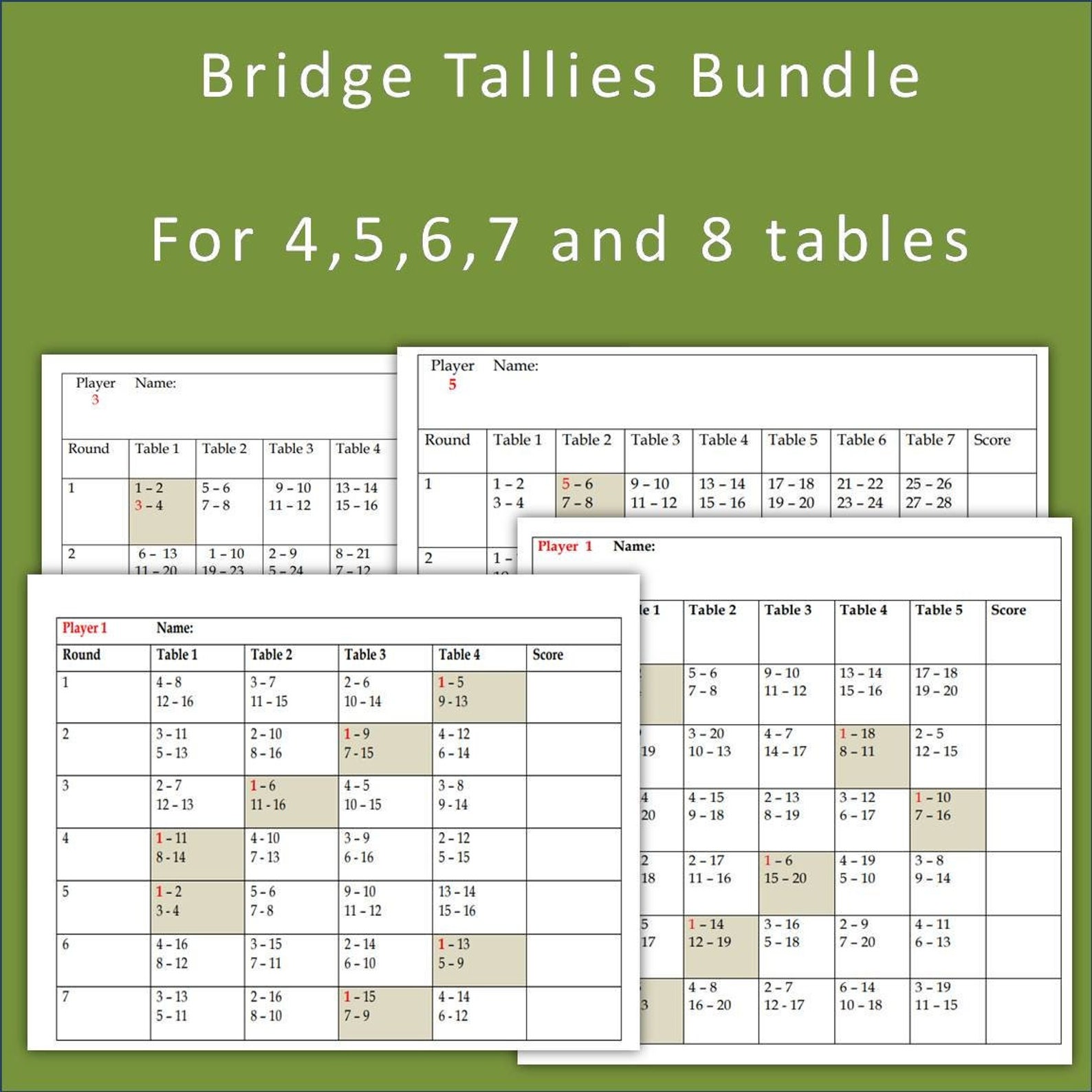 Progressive Bridge Tallies Bundle | 4,5,6,7 and 8 Tables | 16,20,24,28 ...