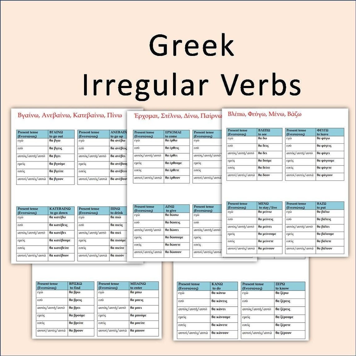 Greek Irregular Verbs Conjugation Chart: Future Tense (digital Download ...