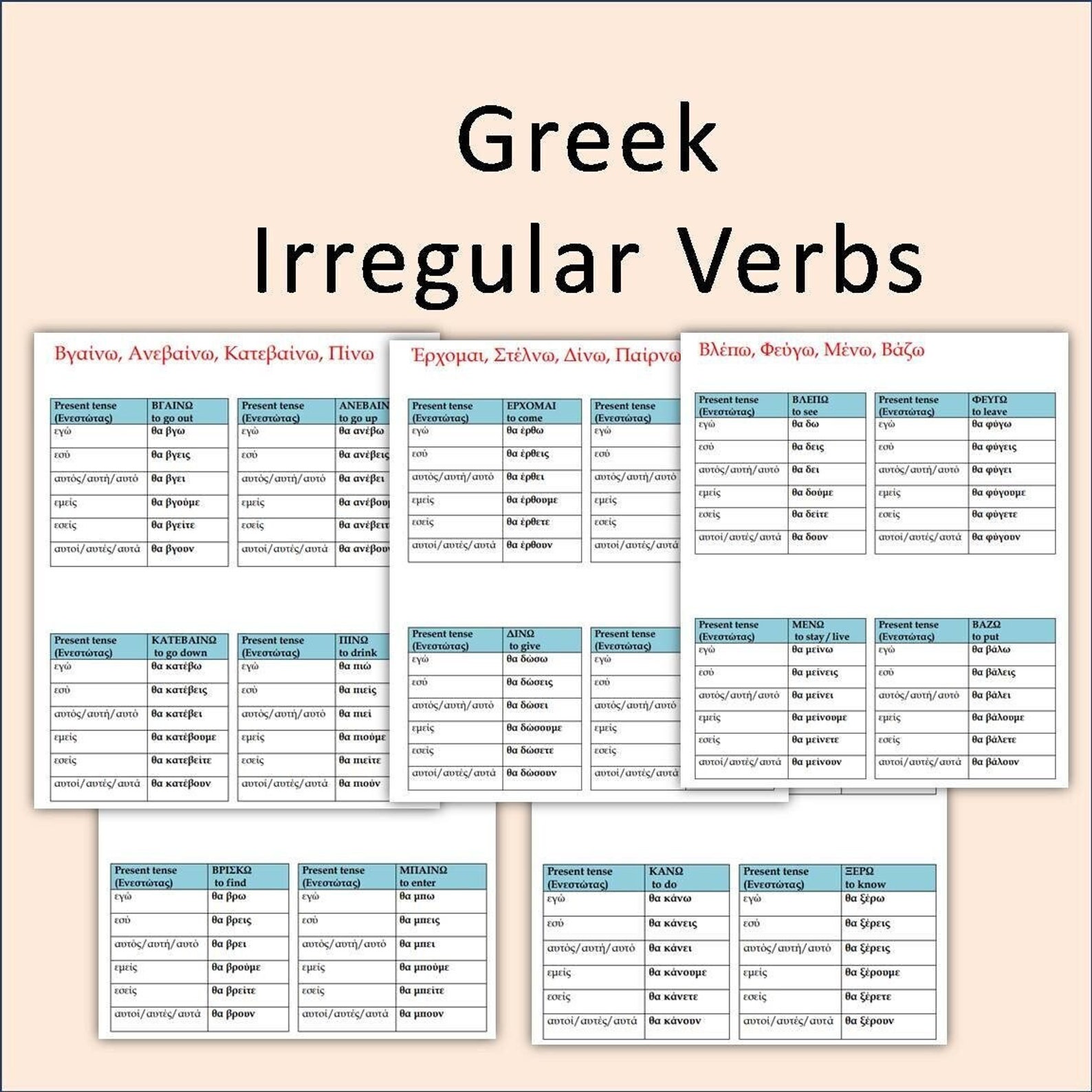 Greek Irregular Verbs Conjugation Chart: Future Tense (digital Download ...