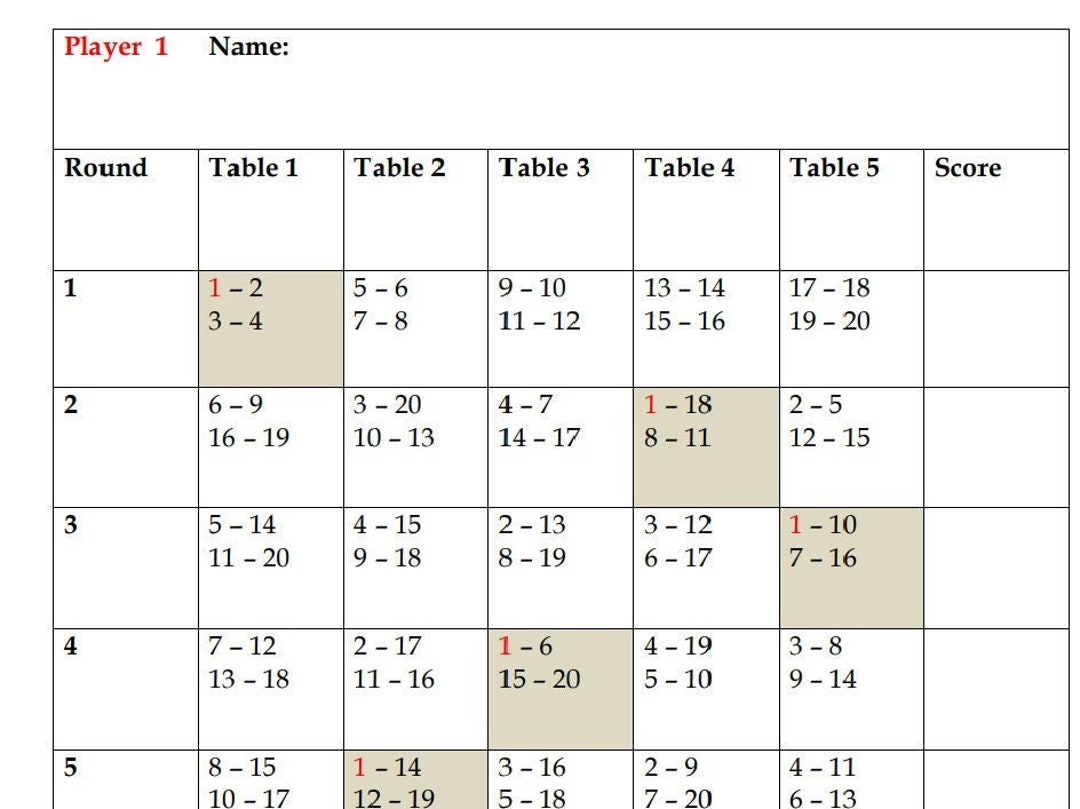 Progressive Bridge Tally Scorepad: 5 Tables, 20 Players (PDF Download ...
