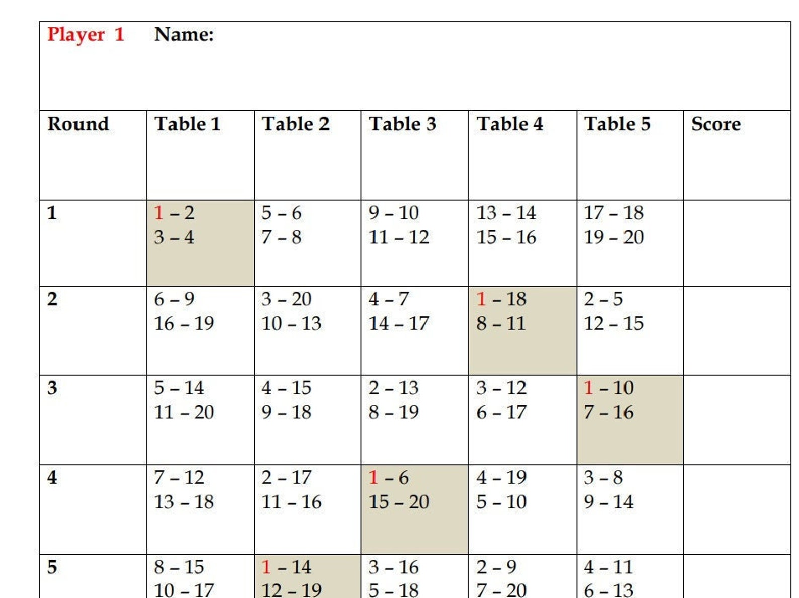 Progressive Bridge Tally Scorepad: 5 Tables, 20 Players (PDF Download ...