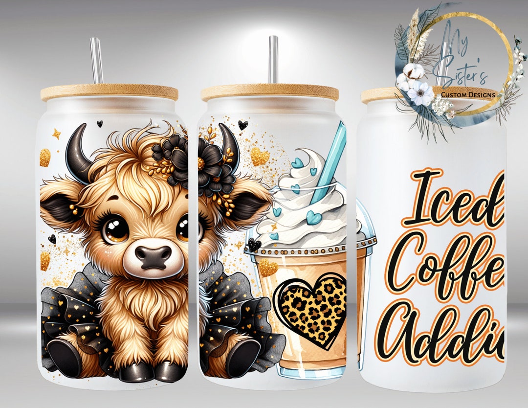 Highland Cow Coffee Addict Libbey Glass: Animal Print Iced Coffee Cup ...