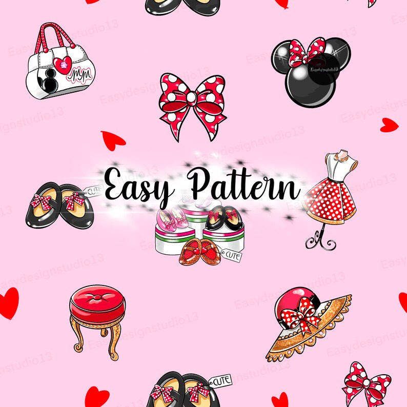 Minnie Mouse Shopping Seamless Pattern, Pink Mouse Hearts Seamless File ...