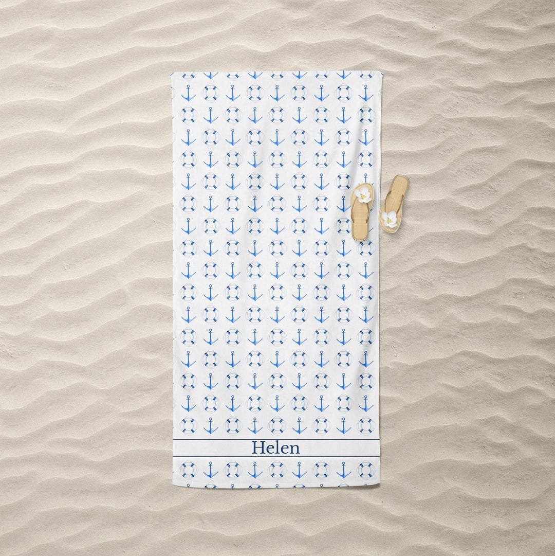 Personalized Nautical Beach Towel, Boat Anchor Lifebuoy Blue Pattern ...